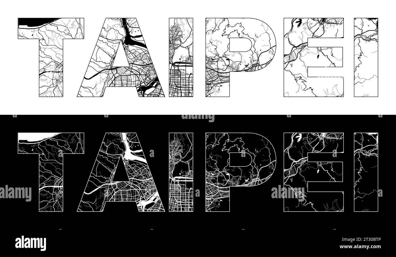 Taipei City Name (China, Asia) with black white city map illustration ...