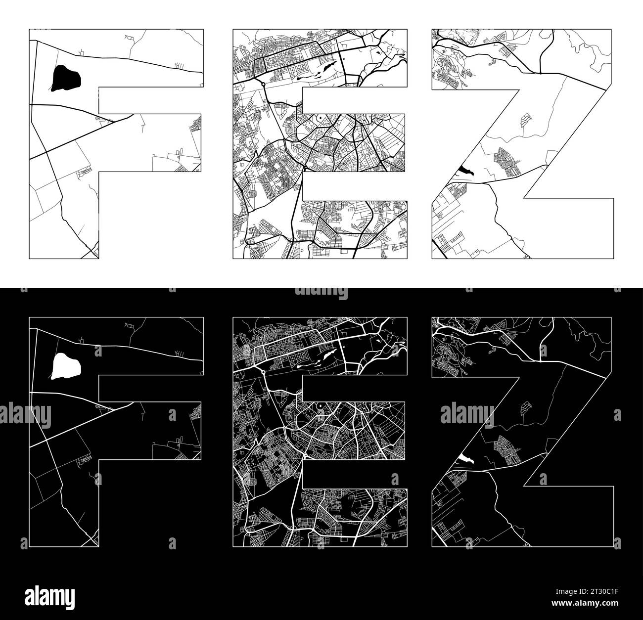 Fez City Name (Morocco, Africa) with black white city map illustration ...