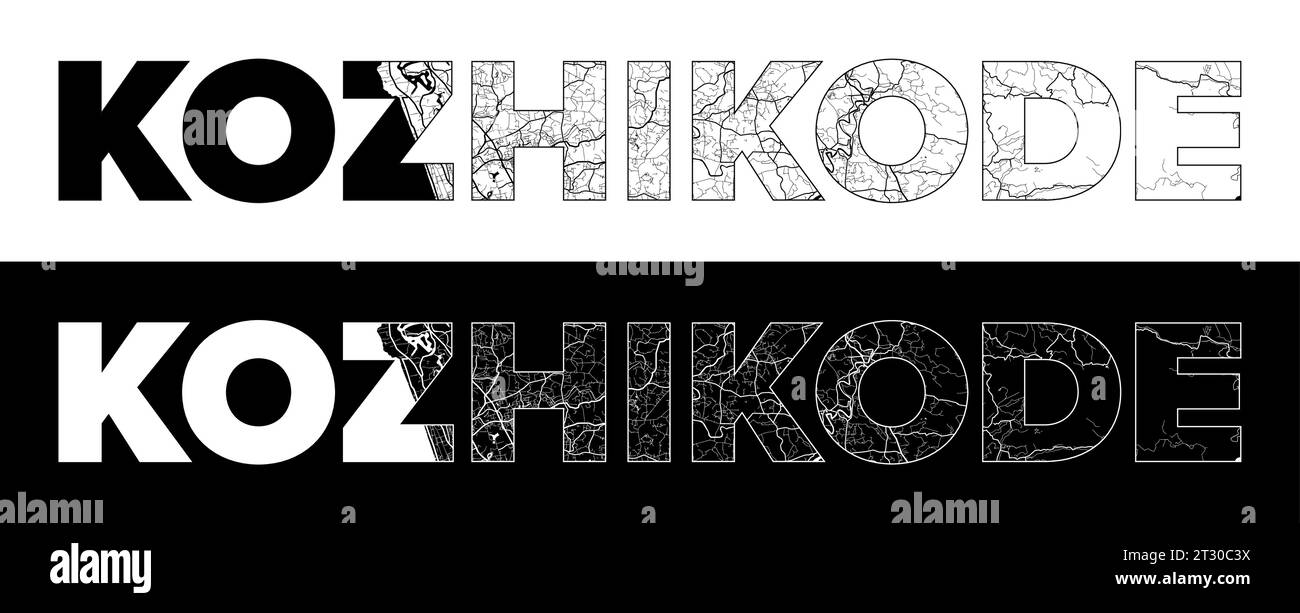 Kozhikode City Name (India, Asia) with black white city map ...