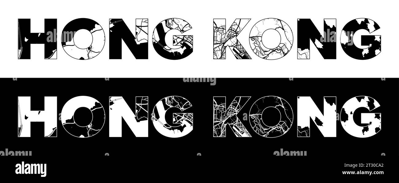 Hong Kong City Name (China, Asia) with black white city map illustration vector Stock Vector ...