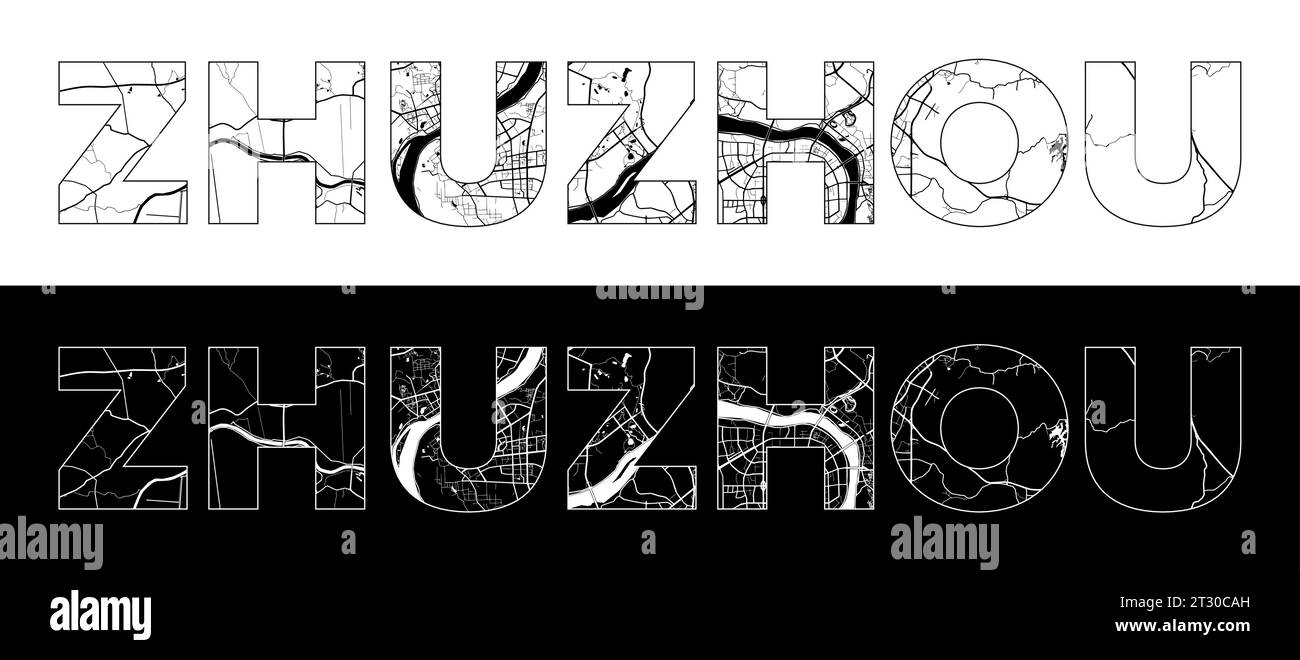 Zhuzhou City Name (China, Asia) with black white city map illustration ...