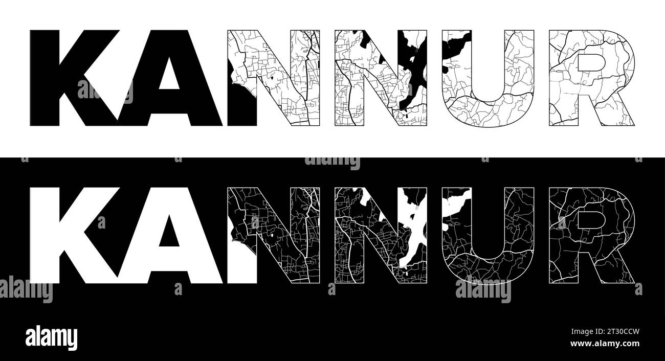 Kannur City Name (India, Asia) with black white city map illustration ...