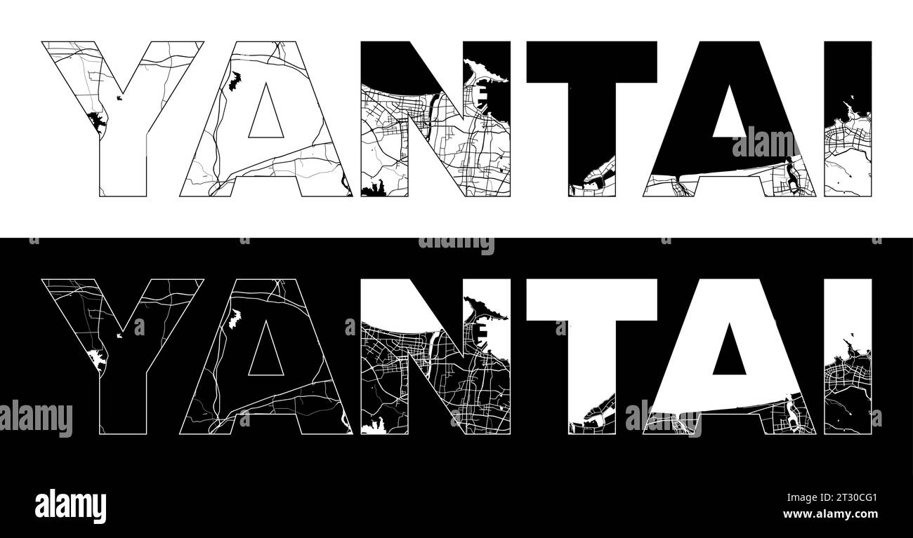 Yantai City Name (China, Asia) with black white city map illustration ...