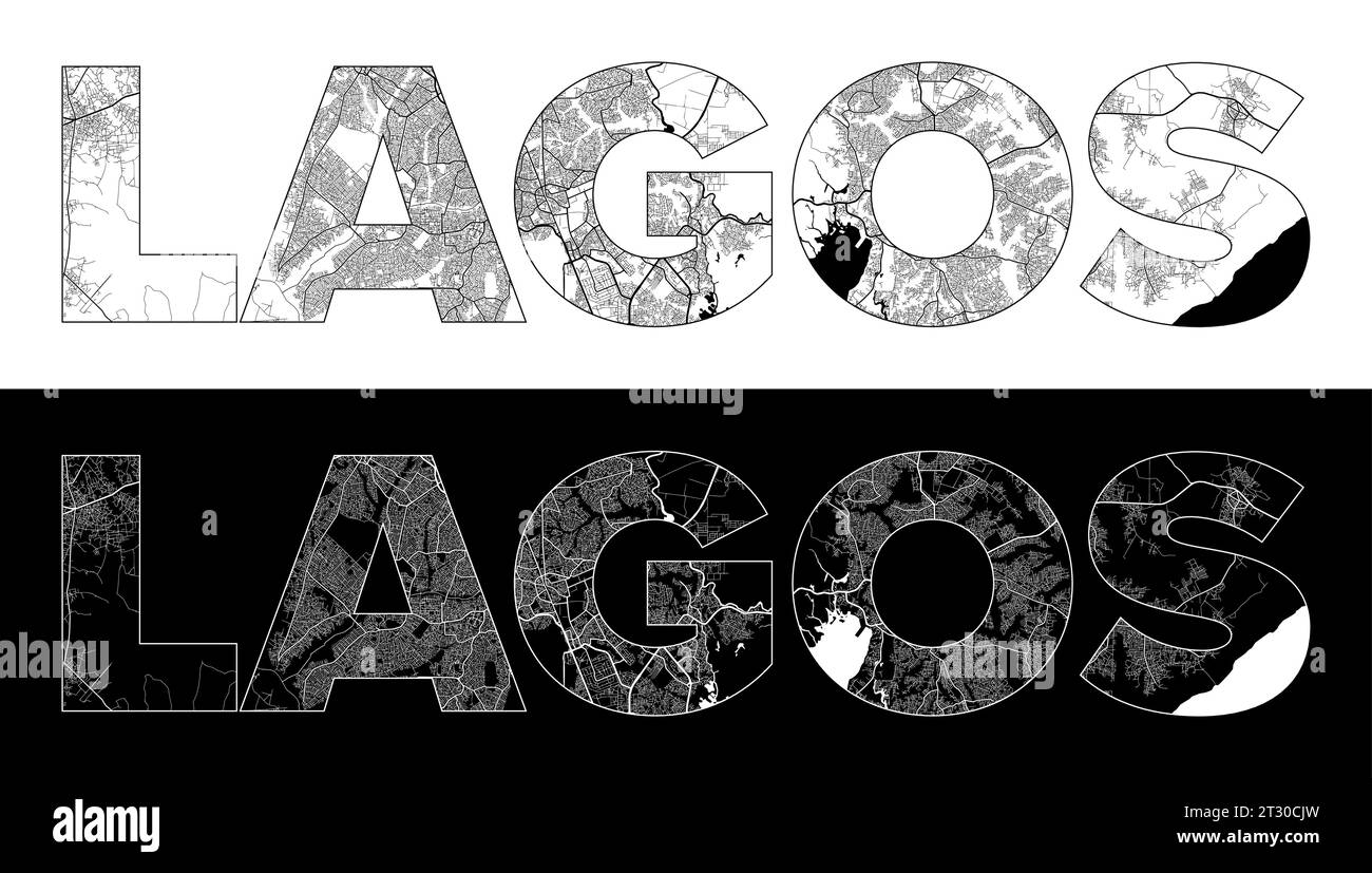 Lagos City Name (Nigeria, Africa) with black white city map ...