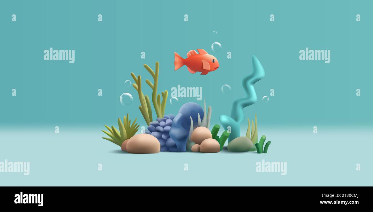 Coral reef and fish. 3d vector cartoon illustration with seaweed and ...