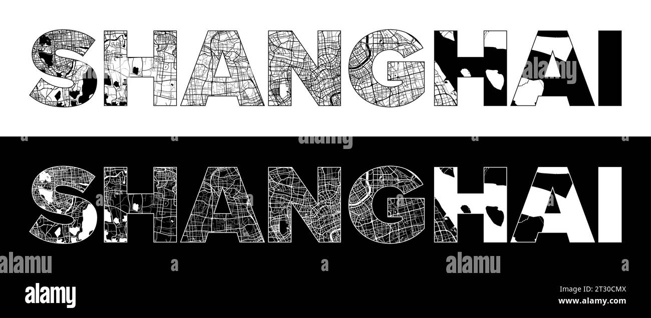 Shanghai City Name (China, Asia) with black white city map illustration ...