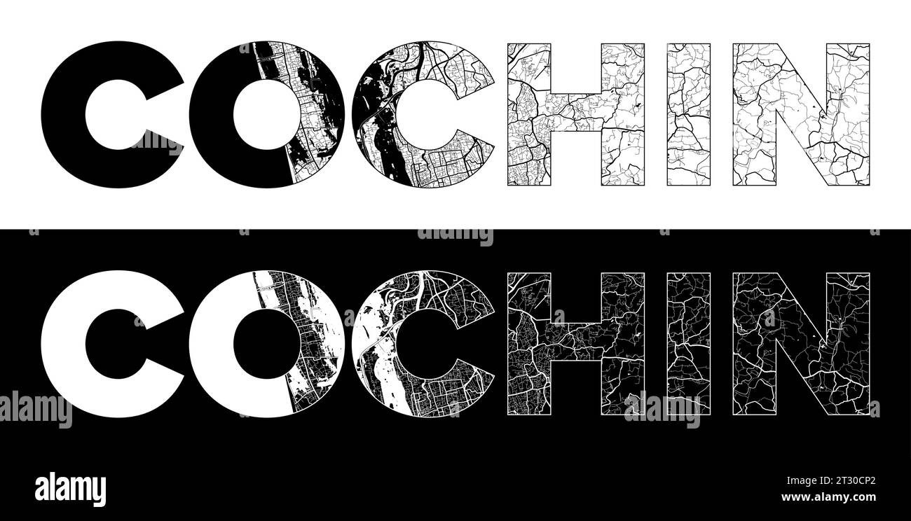 Cochin City Name (India, Asia) with black white city map illustration ...