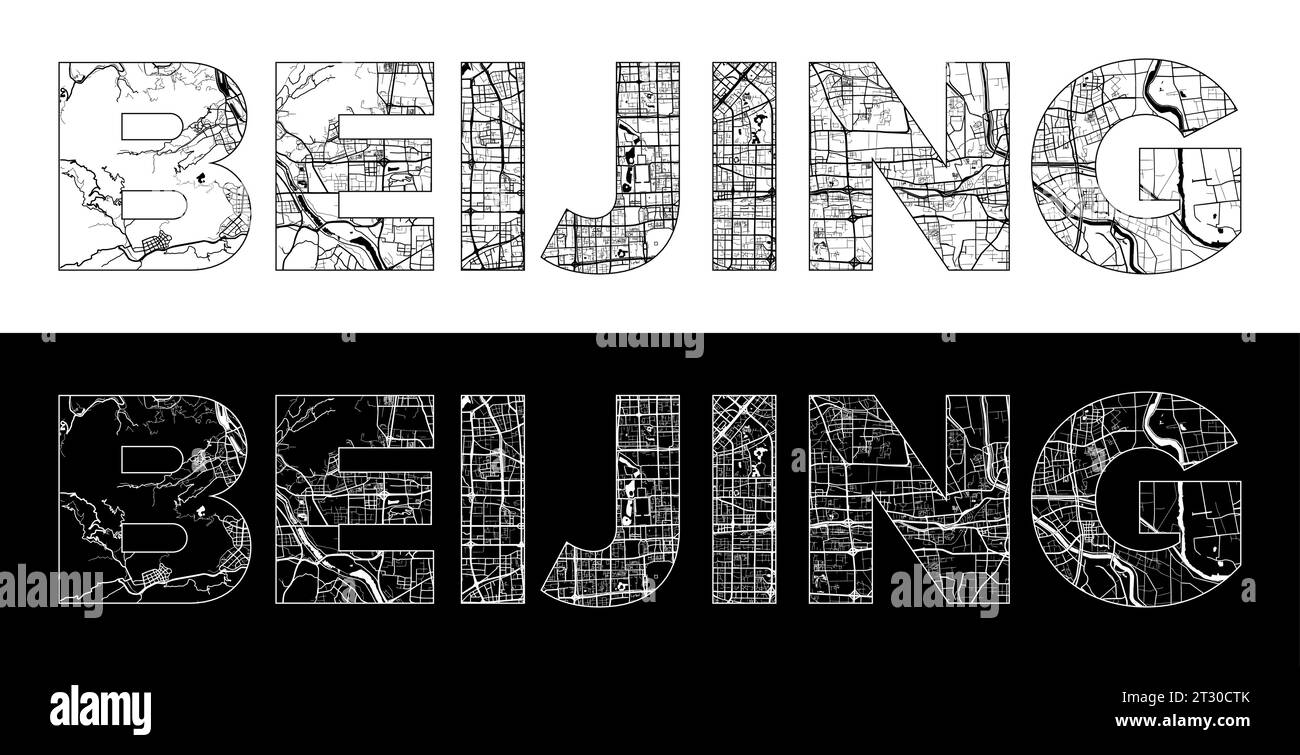 Beijing City Name (China, Asia) with black white city map illustration ...