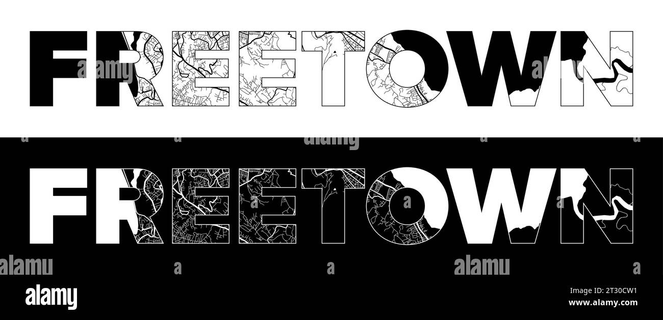 Freetown City Name (Sierra Leone, Africa) with black white city map ...