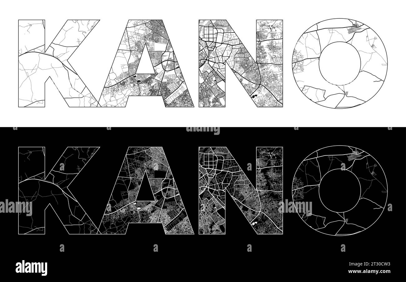 Kano City Name (Nigeria, Africa) with black white city map illustration ...