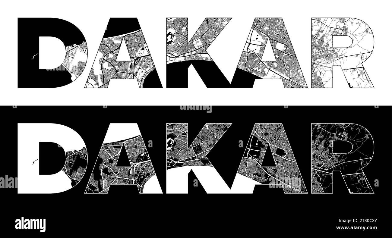Dakar City Name (Senegal, Africa) with black white city map illustration vector Stock Vector ...