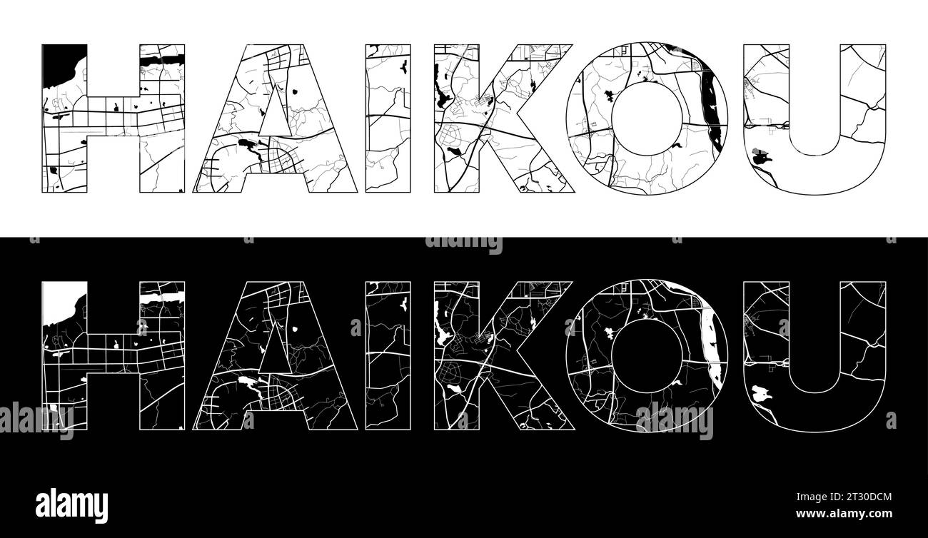 Haikou City Name (China, Asia) with black white city map illustration ...