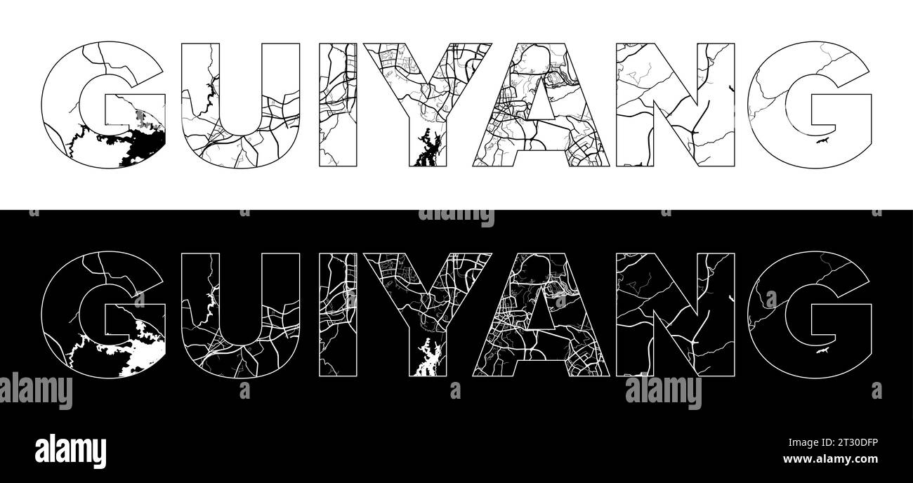 Guiyang City Name (China, Asia) with black white city map illustration ...