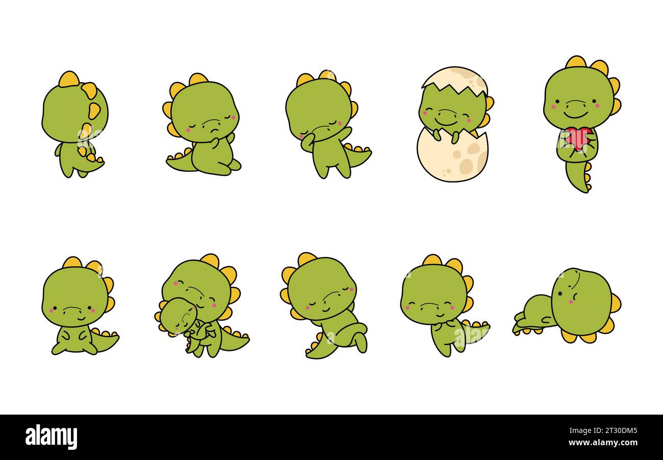 Set of Cartoon Isolated Dino. Set of Cute Kawaii Dinosaur in Funny ...