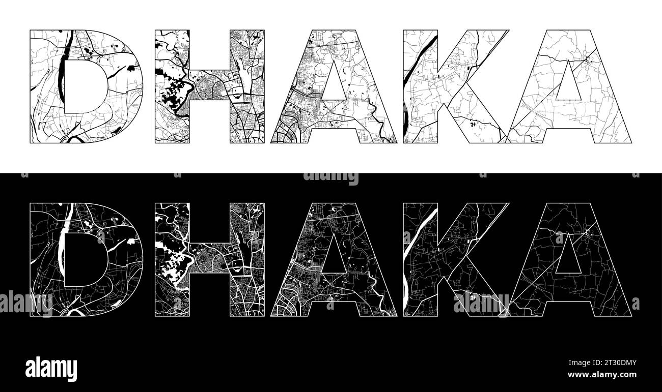 Dhaka City Name (Bangladesh, Asia) with black white city map illustration vector Stock Vector ...