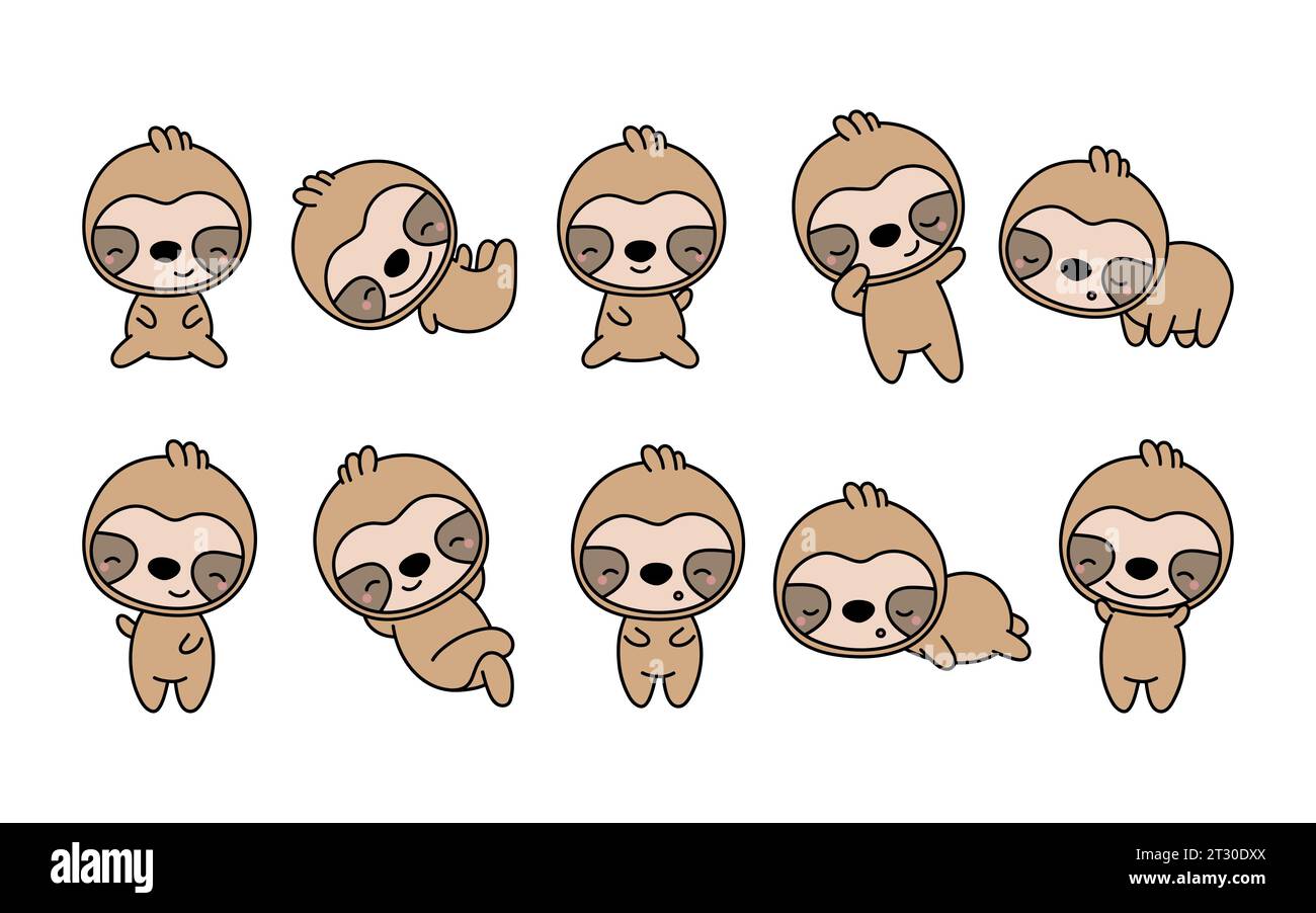Set of Cartoon Isolated Sloth. Set of Cute Kawaii Sloth in Funny ...