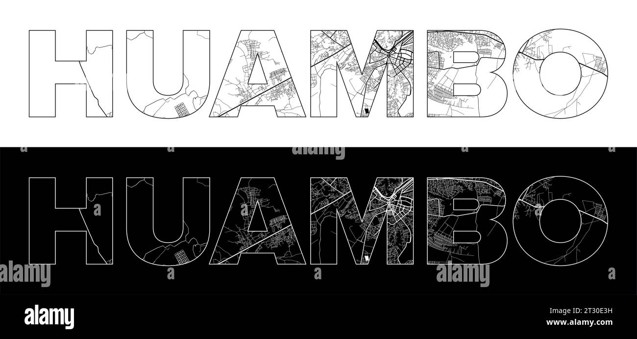 Huambo City Name (Angola, Africa) with black white city map ...