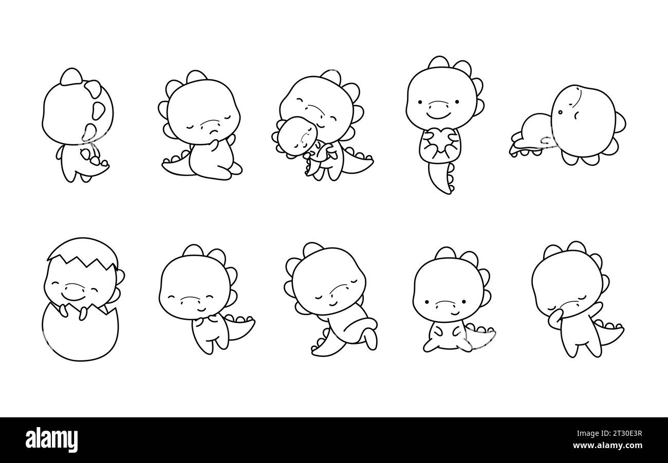 Set of Cartoon Isolated Dino Coloring Page. Cute Vector Kawaii ...