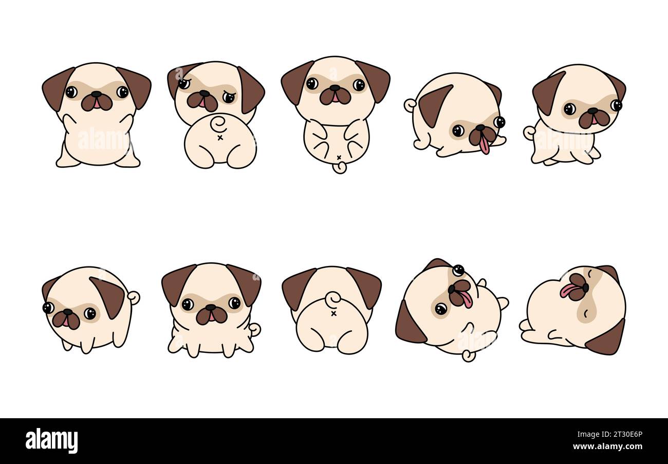 Set of Cartoon Isolated Pug Dog. Set of Cute Kawaii Pug in Funny ...