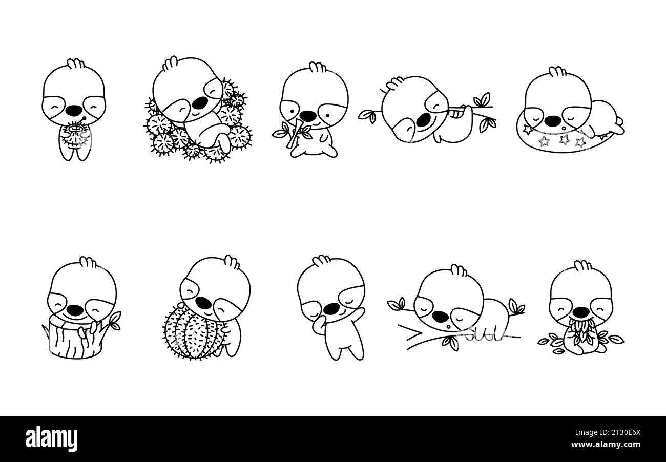 Set of Cartoon Isolated Sloth Coloring Page. Cute Vector Kawaii Animals ...