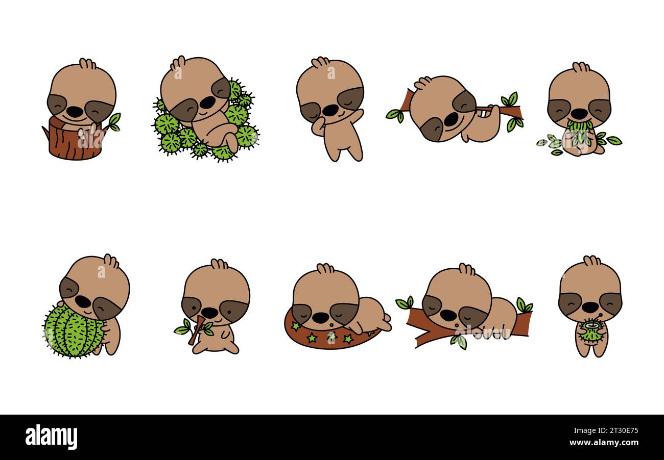 Set of Cartoon Isolated Sloth. Set of Cute Kawaii Sloth in Funny ...