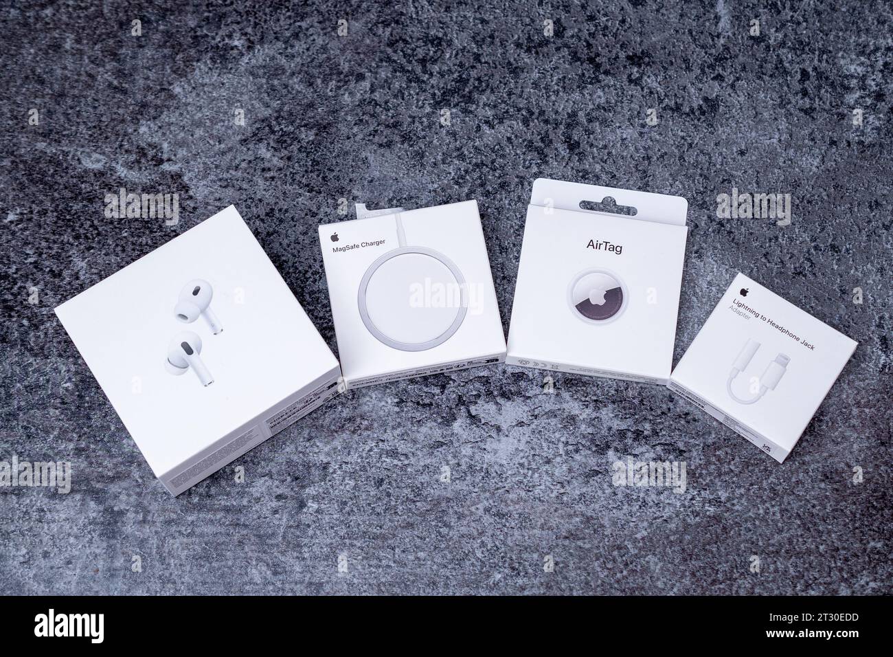 Jurmala, Latvia - 21 09 2023: There are four white boxes from different ...