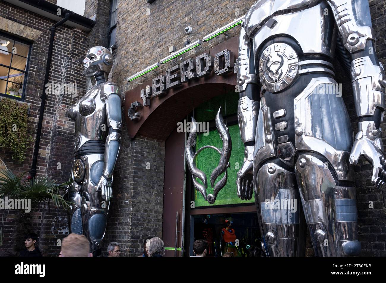 Cyberdog futuristic figures at the entrance, Camden Market Lock, London ...