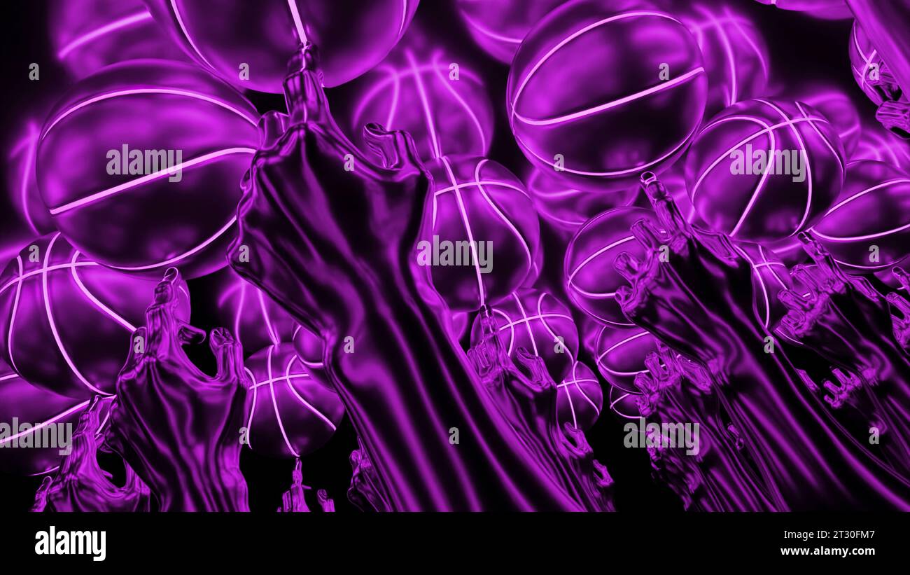 Basketball 3d animation. Design. A lot of hands rotate balls on their ...