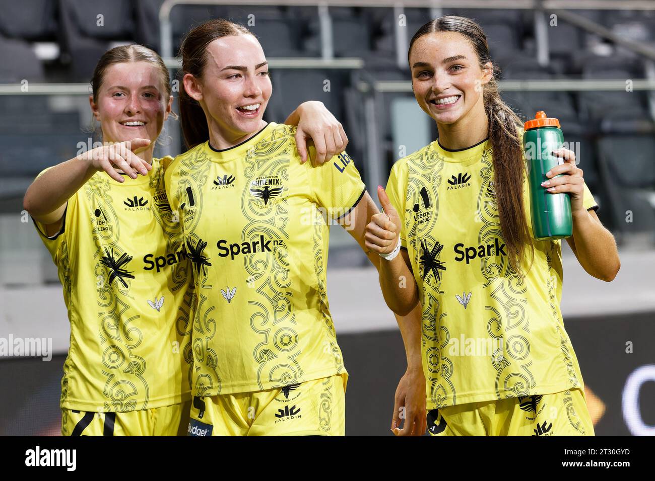 Sydney, Australia. 22nd Oct, 2023. Wellington Phoenix players celebrate the match win after the ...