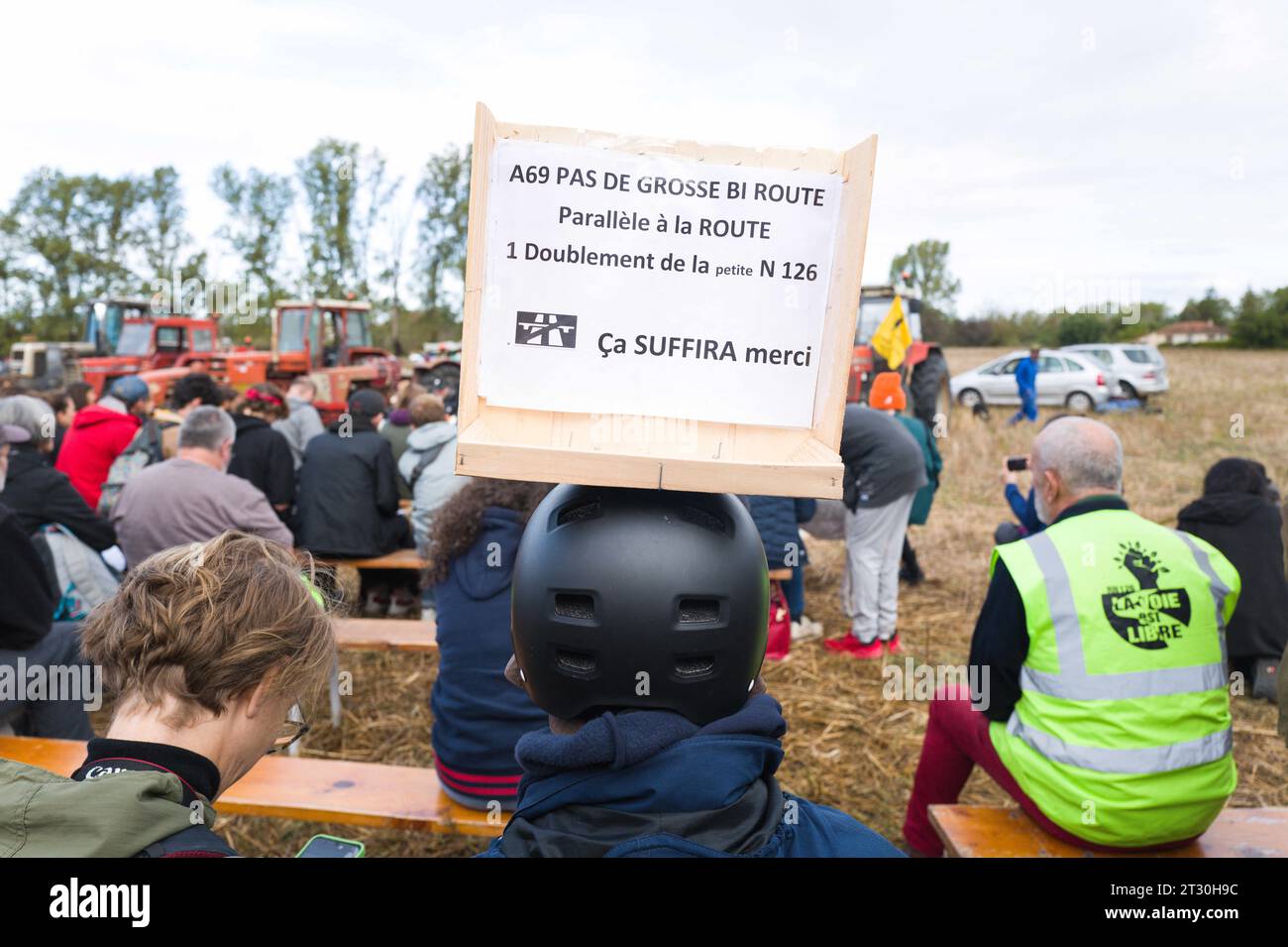 Saix, France. 22nd Oct, 2023. Press conference. A placard over a crash ...
