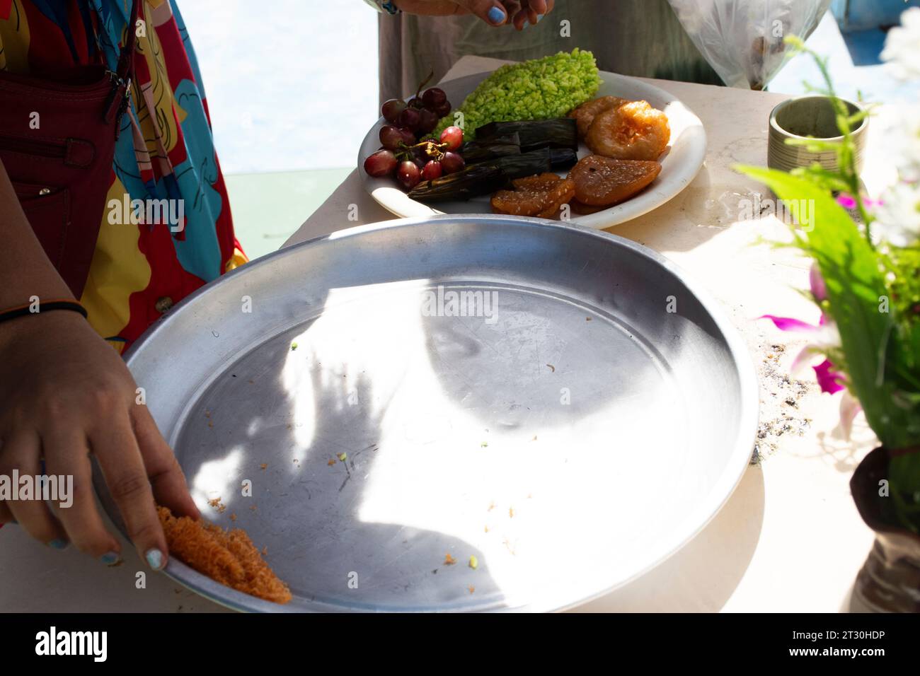Thai people family respect rite ritual merit offering sacrifice food to ...