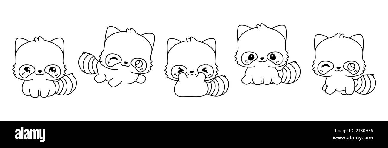 Set of Vector Cartoon Raccoon Coloring Page. Collection of Kawaii ...