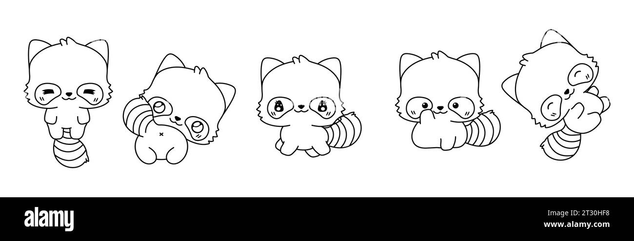 Set of Kawaii Isolated Raccoon Coloring Page. Collection of Cute Vector ...