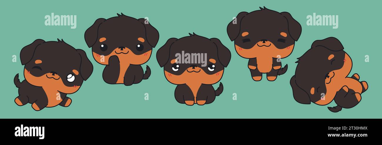 Set of Kawaii Isolated Rottweiler Dog. Collection of Vector Cartoon ...
