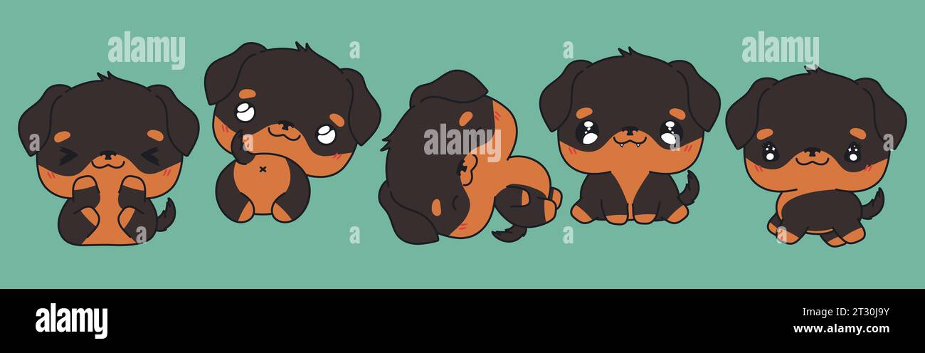 Collection of Vector Cartoon Rottweiler Dog Art. Set of Kawaii Isolated ...