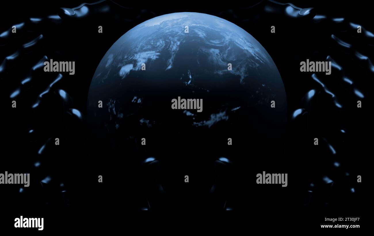 Black background with rotating planet and patterns. Design. Around its ...