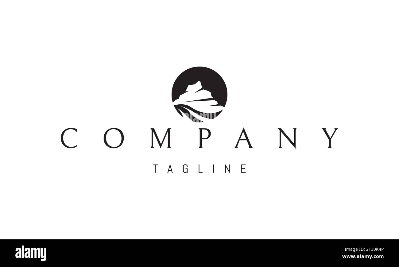 A vector logo with an abstract image of a mountain with a river at its ...
