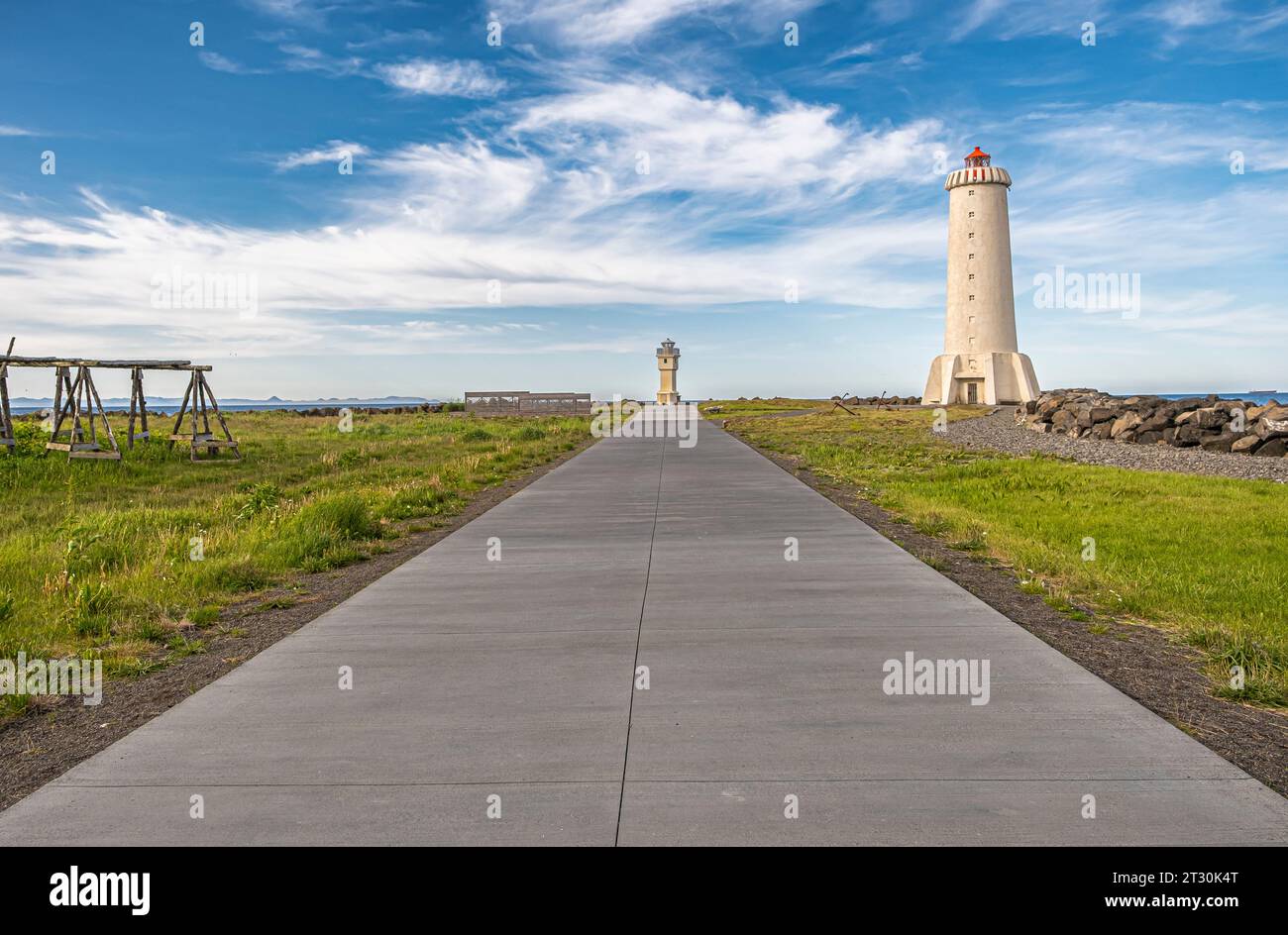 Akranes lighthouses on the west coast of Iceland. Bigger lighthouse is ...