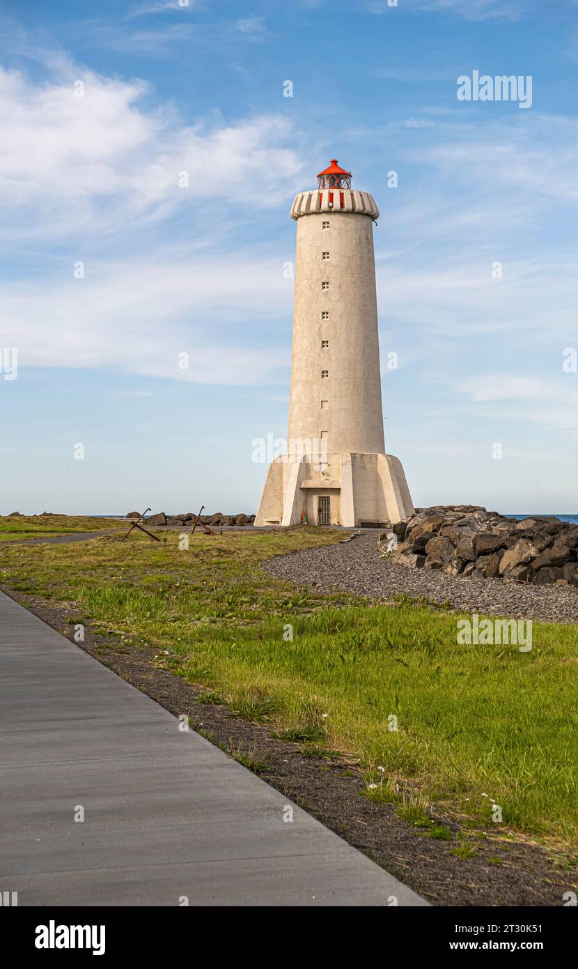 Akranes lighthouses on the west coast of Iceland. Bigger lighthouse is ...