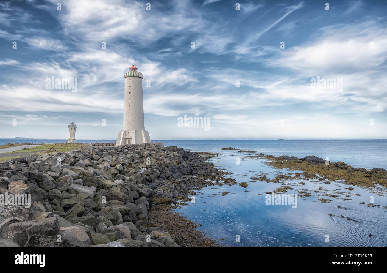 Akranes lighthouses on the west coast of Iceland. Bigger lighthouse is ...