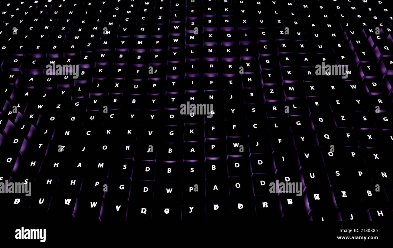 English keyboard with letters randomly. Design. Moving black buttons ...