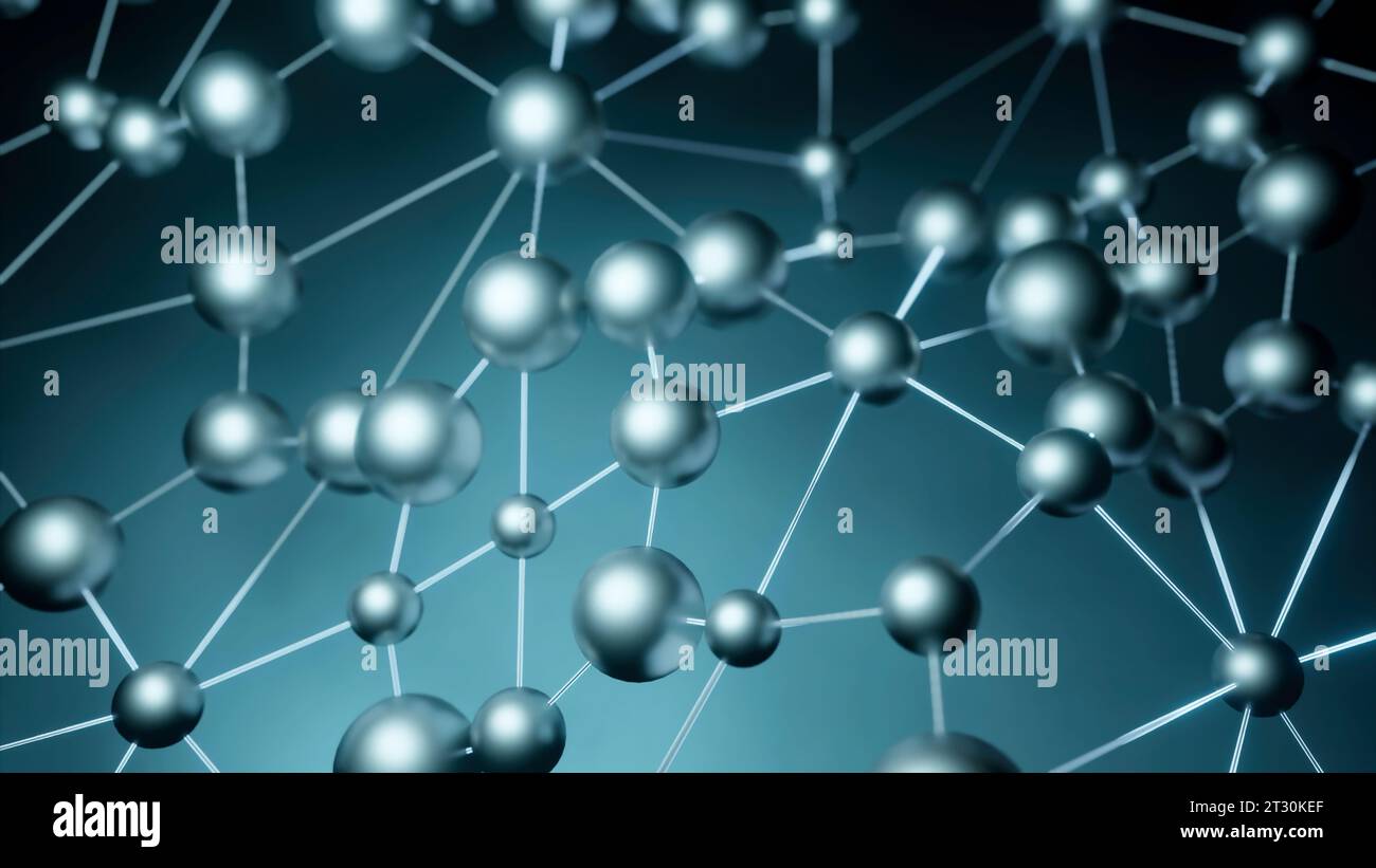 Bonded white atoms. Design. Green light background with animation and ...