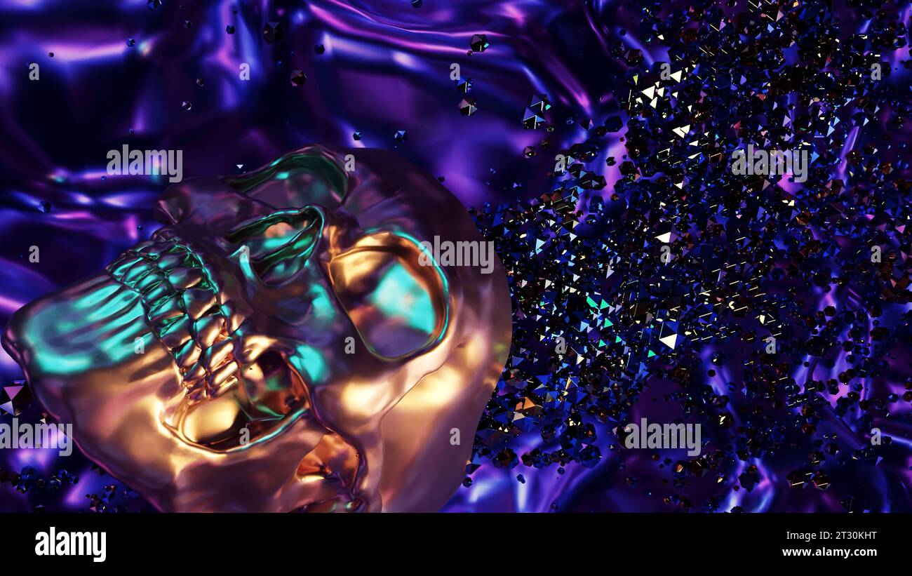 Purple background with a large skull. Design. Bubbles that envelop a ...
