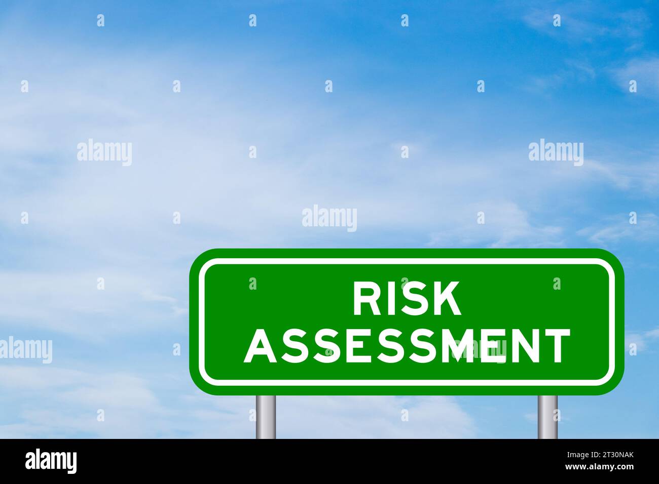 Green color transportation sign with word risk assessment on blue sky ...