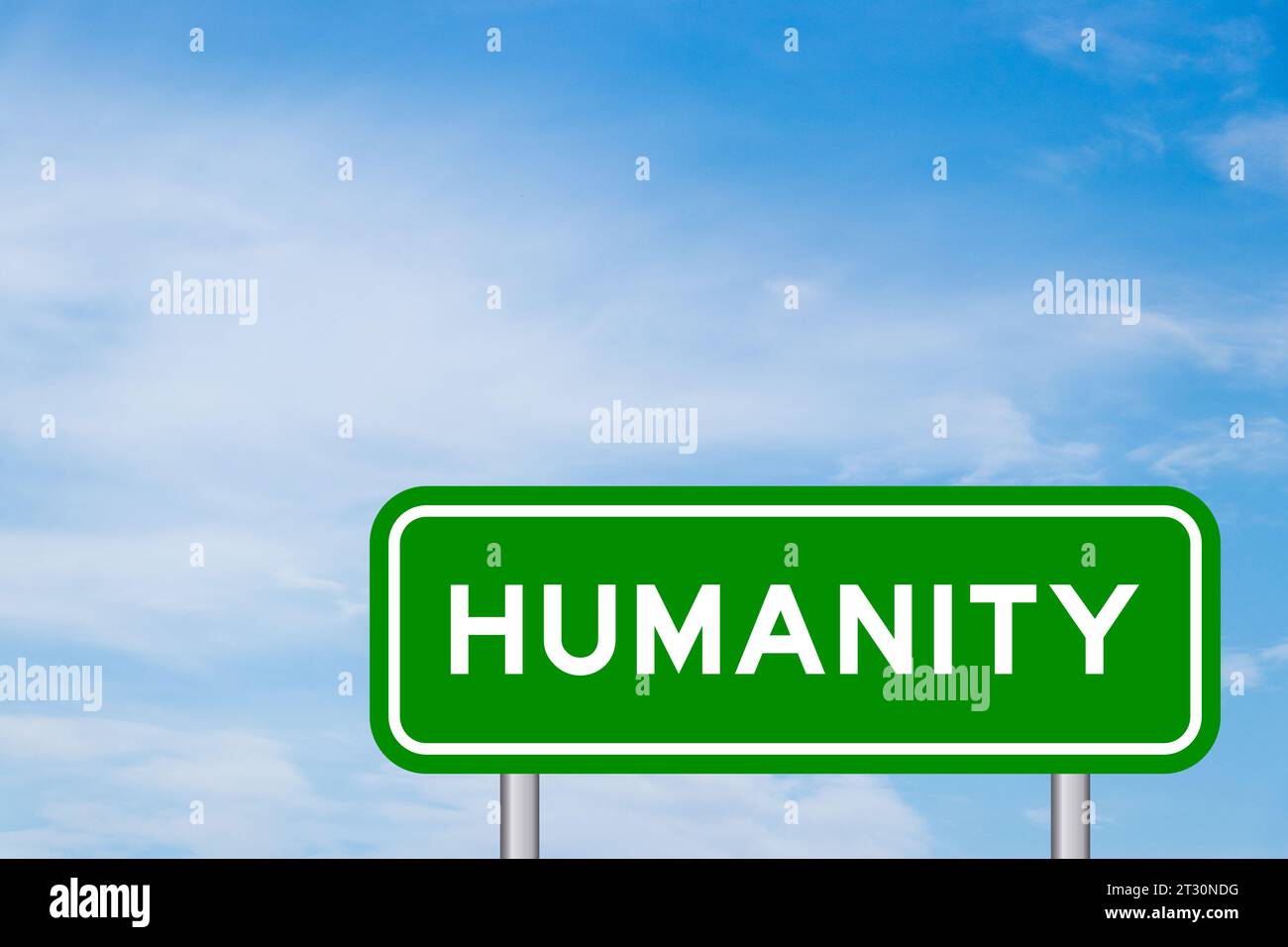 Green color transportation sign with word humanity on blue sky with ...