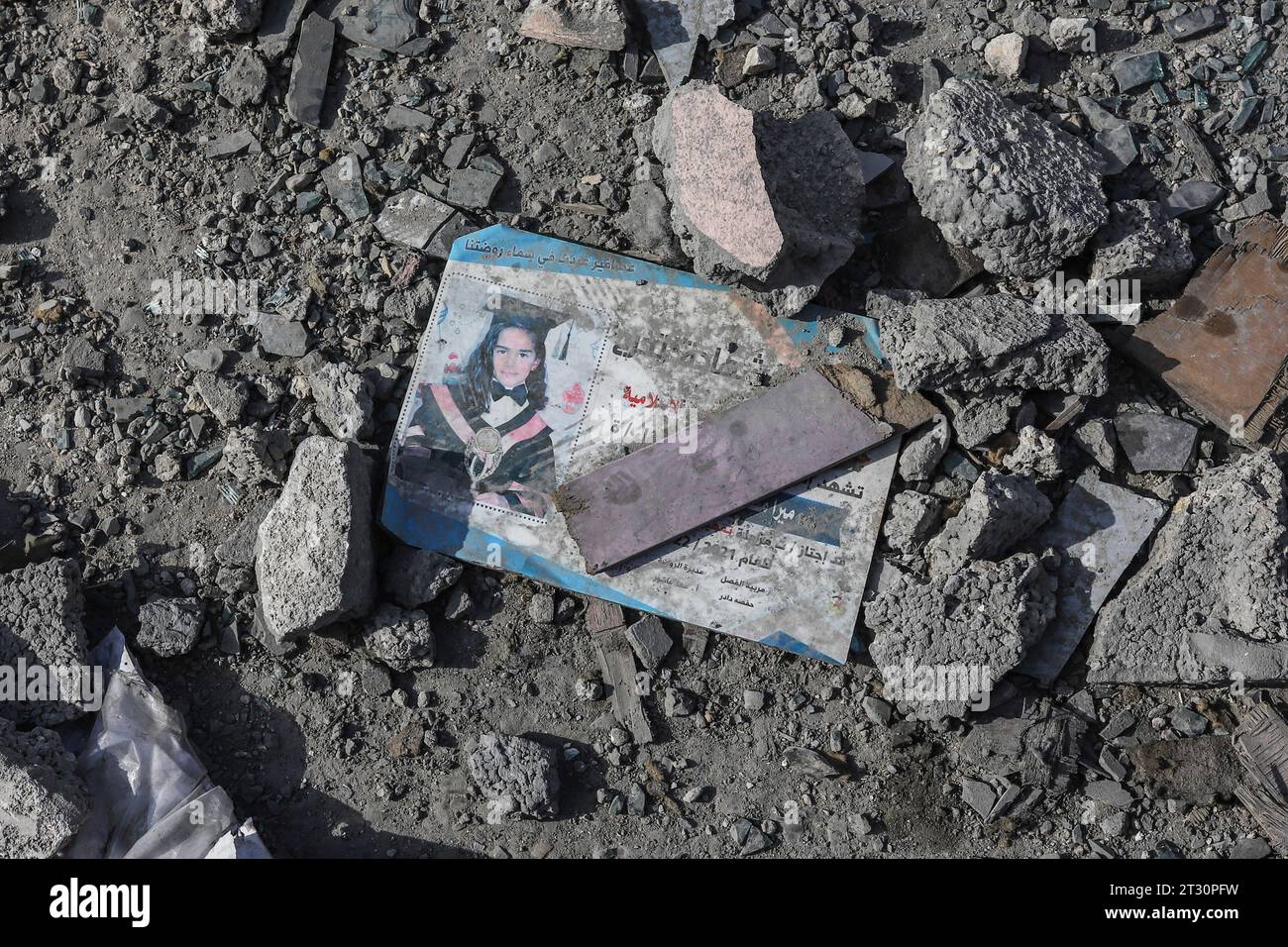 Tel Al Hawa, Palestinian Territories. 22nd Oct, 2023. A school card ...