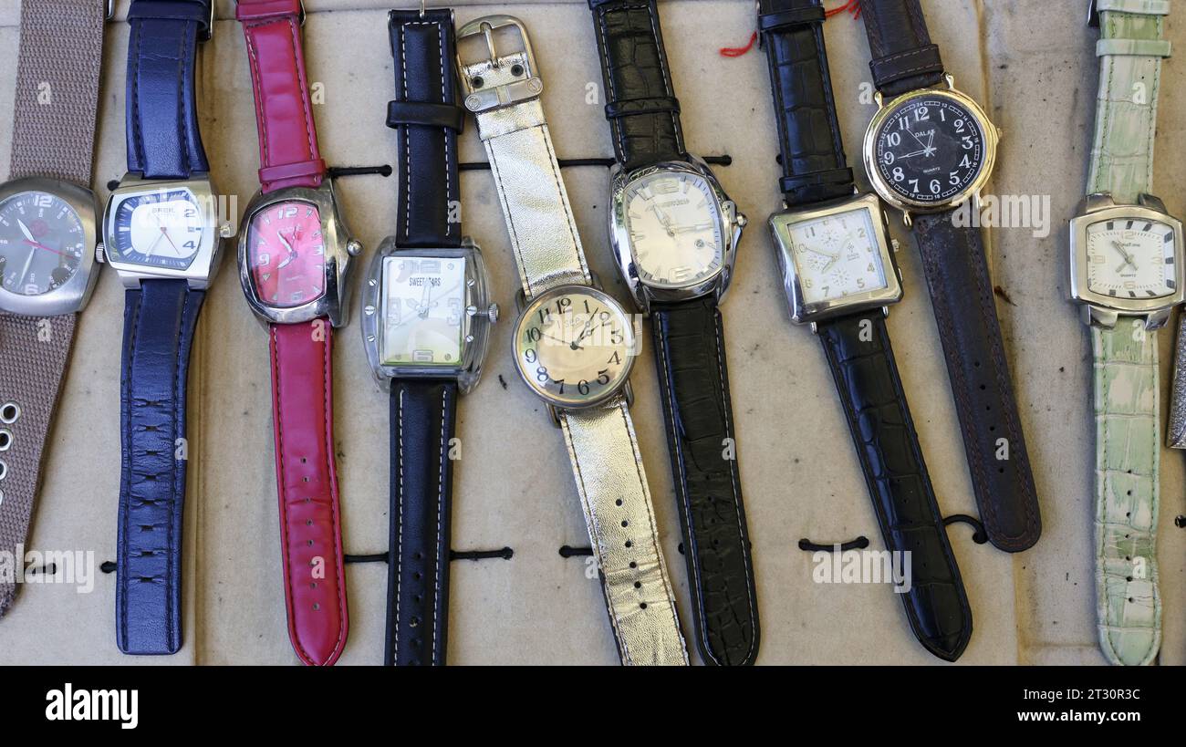 Antique watches on display in a flea market in Palermo, Sicily Stock ...