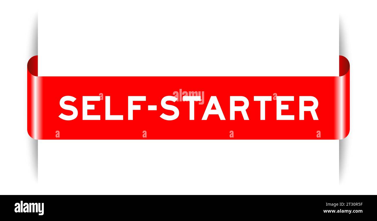 Red color inserted label banner with word self starter on white ...