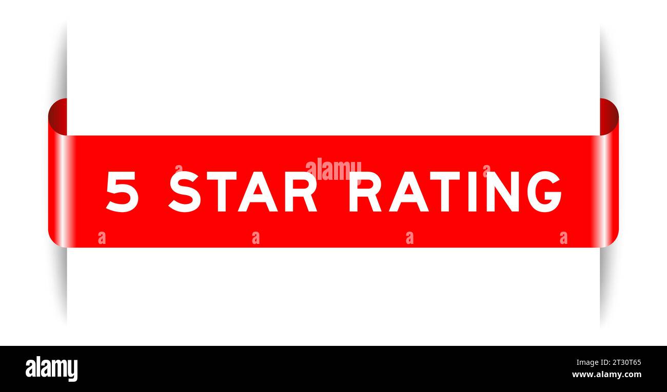 Red color inserted label banner with word 5 star rating on white ...