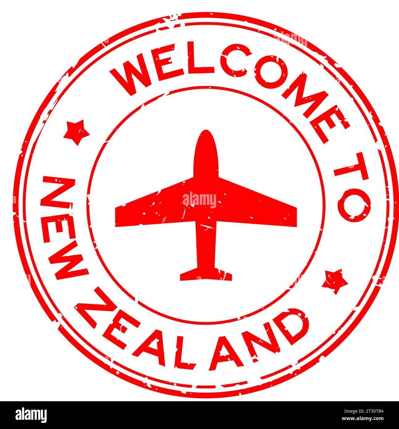 Grunge red welcome to new zealand with airplane icon round rubber seal ...
